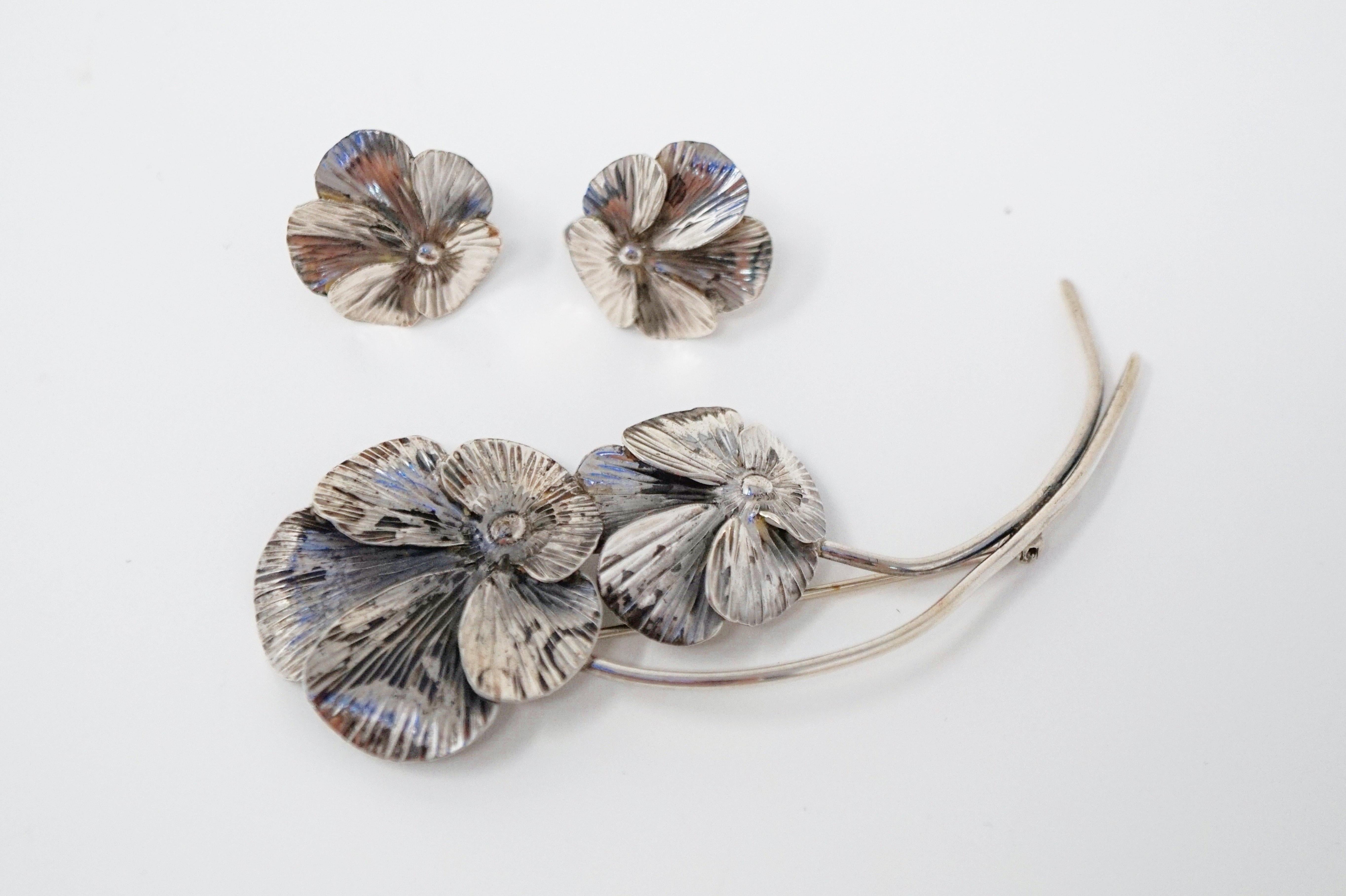 Sterling Silver Pansy Demi-Parure Brooch and Earring Set by Stuart Nye ...