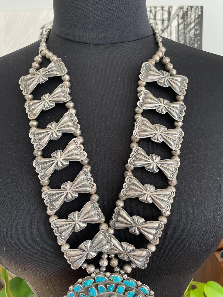 Sterling Silver Pawn Butterfly link Squash Blossom Turquoise Necklace ...