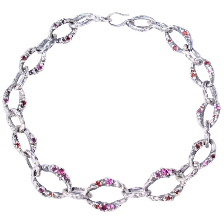 Sterling Silver Pink and Red Garnet Encrusted Chain For Sale at 1stDibs