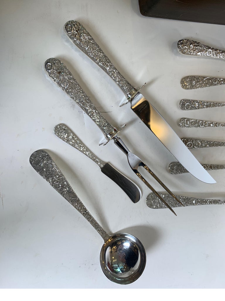 Sterling Silver Repousse Flatware Set with Walnut Box, Kirk and Son, 68 ...