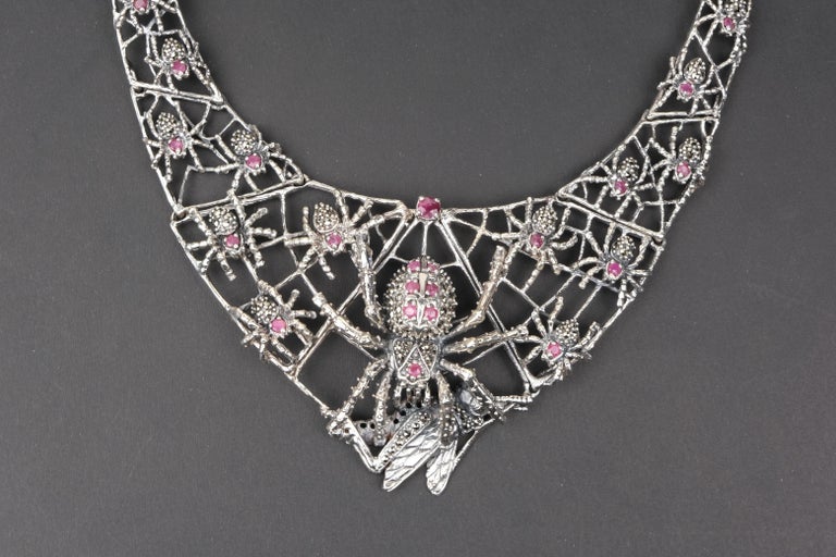 Sterling Silver Ruby and Marcasite Spider and Web Bib Necklace For Sale ...