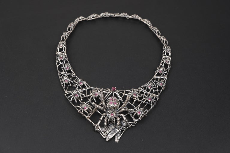 Sterling Silver Ruby and Marcasite Spider and Web Bib Necklace For Sale ...