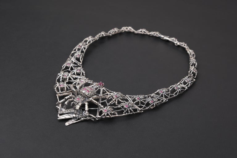 Sterling Silver Ruby and Marcasite Spider and Web Bib Necklace For Sale ...