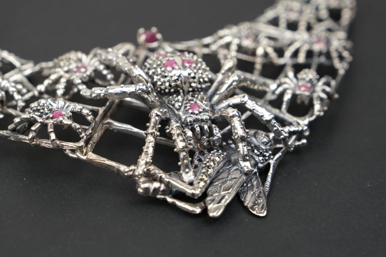 Sterling Silver Ruby and Marcasite Spider and Web Bib Necklace For Sale ...