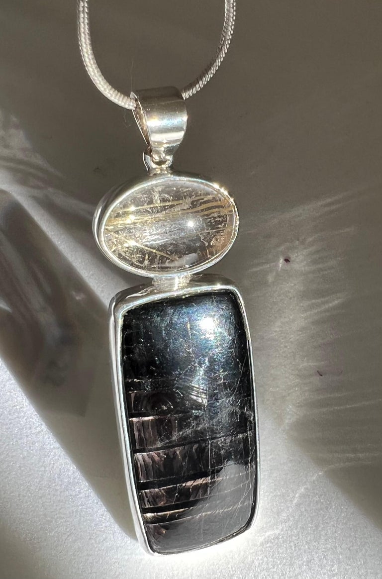 Sterling Silver Rutilated Quartz and Hypersthene Pendant For Sale at ...
