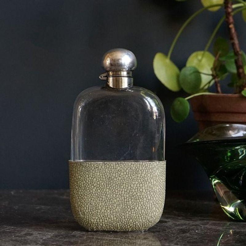 Antique Sterling Silver, Shagreen and Glass George V Hip Flask Chester ...