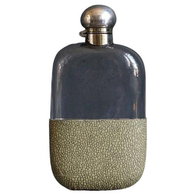 Antique Sterling Silver, Shagreen and Glass George V Hip Flask Chester ...