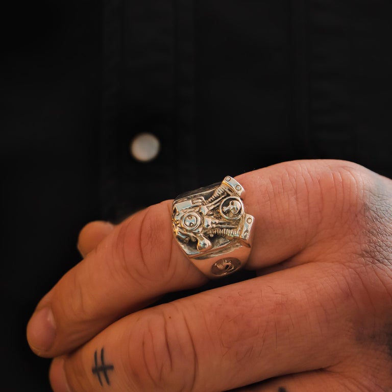 Sterling Silver Skull Biker Engine Ring For Sale at 1stDibs
