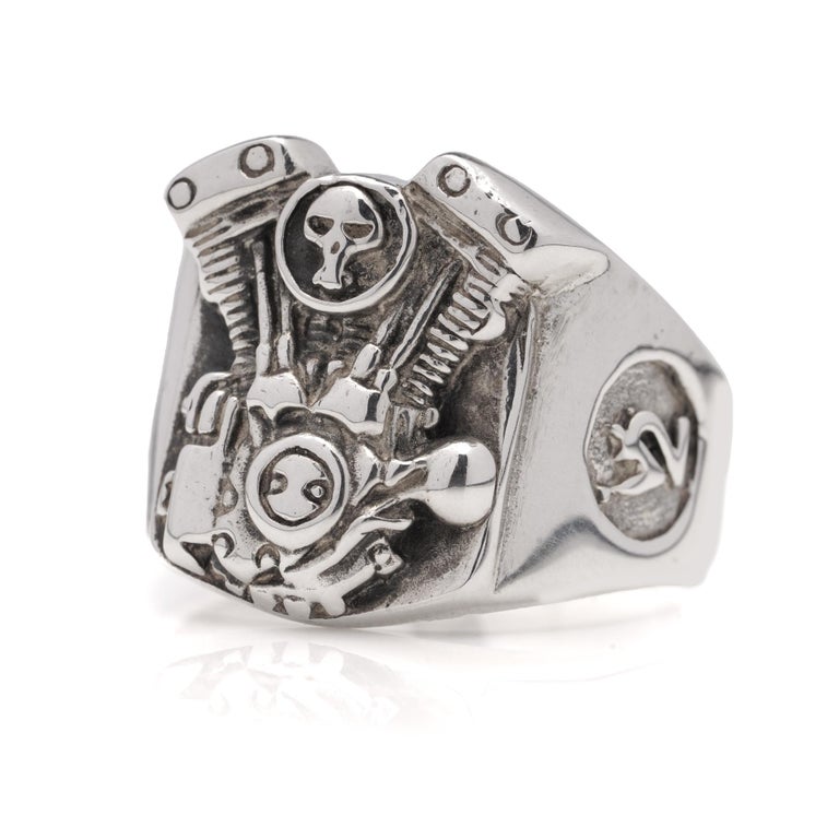 Sterling Silver Skull Biker Engine Ring For Sale at 1stDibs