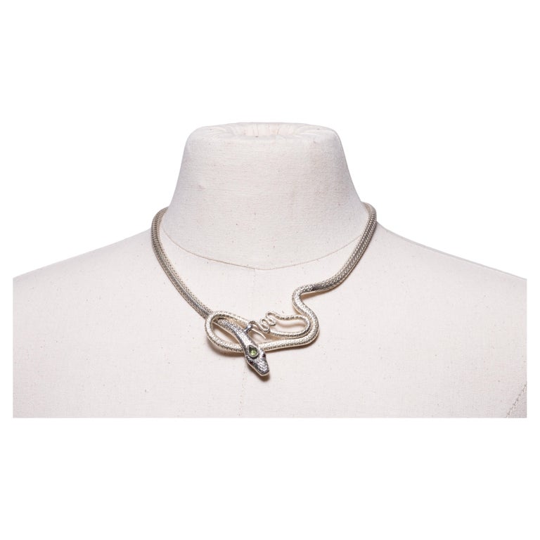 Sterling Silver Snake Chain Necklace with Peridot For Sale at 1stDibs