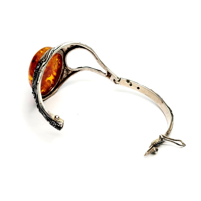 Sterling Silver Textured Large Amber Hinged Bangle Bracelet at 1stDibs