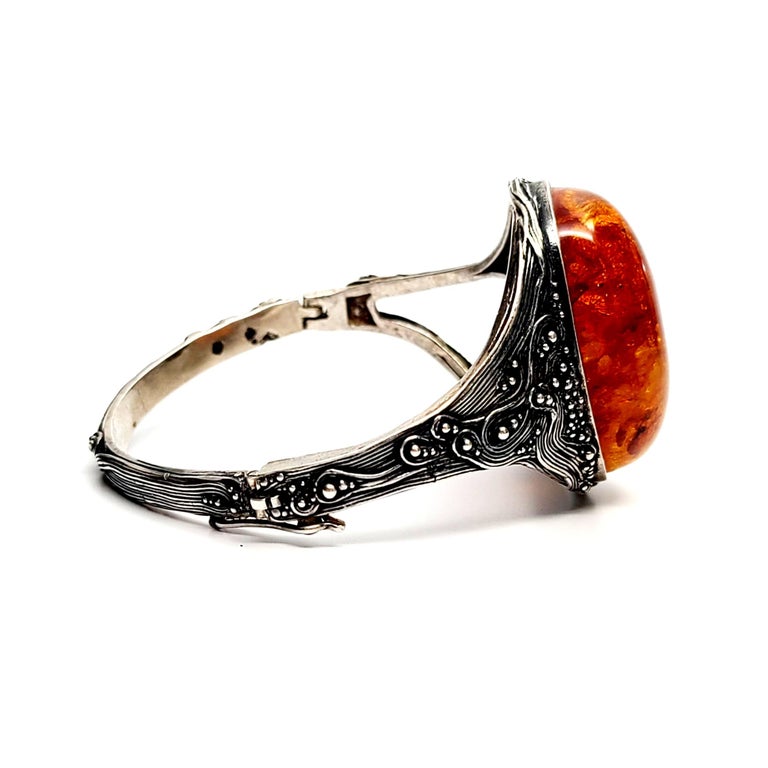 Sterling Silver Textured Large Amber Hinged Bangle Bracelet at 1stDibs