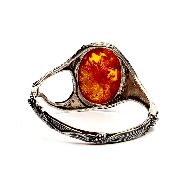 Sterling Silver Textured Large Amber Hinged Bangle Bracelet at 1stDibs