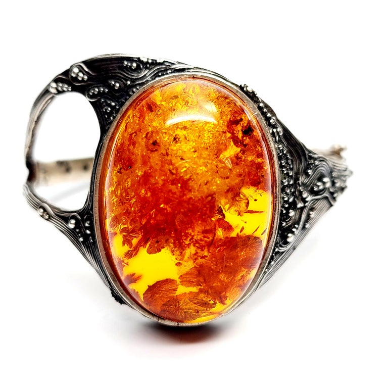 Sterling Silver Textured Large Amber Hinged Bangle Bracelet at 1stDibs