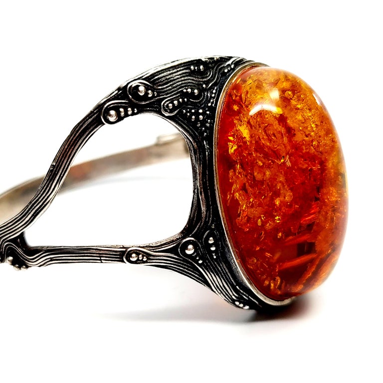 Sterling Silver Textured Large Amber Hinged Bangle Bracelet at 1stDibs