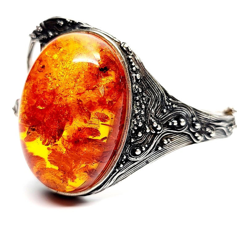 Sterling Silver Textured Large Amber Hinged Bangle Bracelet at 1stDibs
