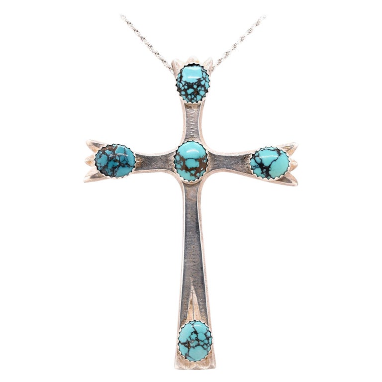 Sterling Silver Turquoise Cross Necklace For Sale at 1stDibs