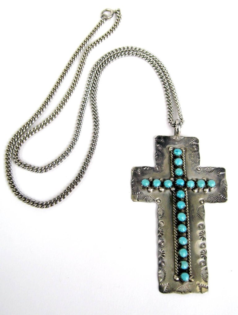 Sterling Silver Turquoise Cross Pendant Necklace Native American Zuni ...