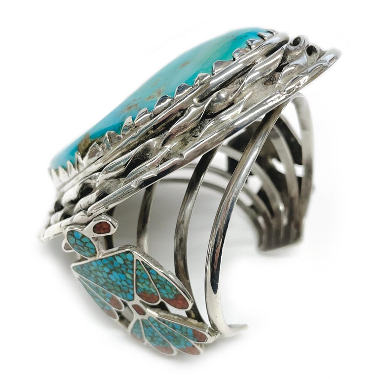 Sterling Silver Turquoise Thunderbird Cuff Bracelet For Sale at 1stDibs