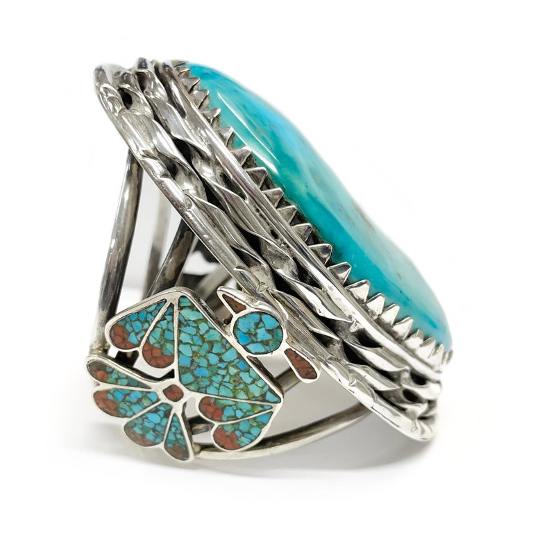 Sterling Silver Turquoise Thunderbird Cuff Bracelet For Sale at 1stDibs