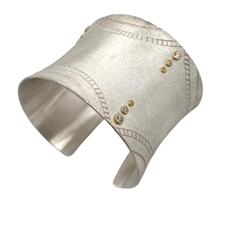 Sterling Silver Wide Cuff with 22k Yellow Gold and Diamond Accents For ...