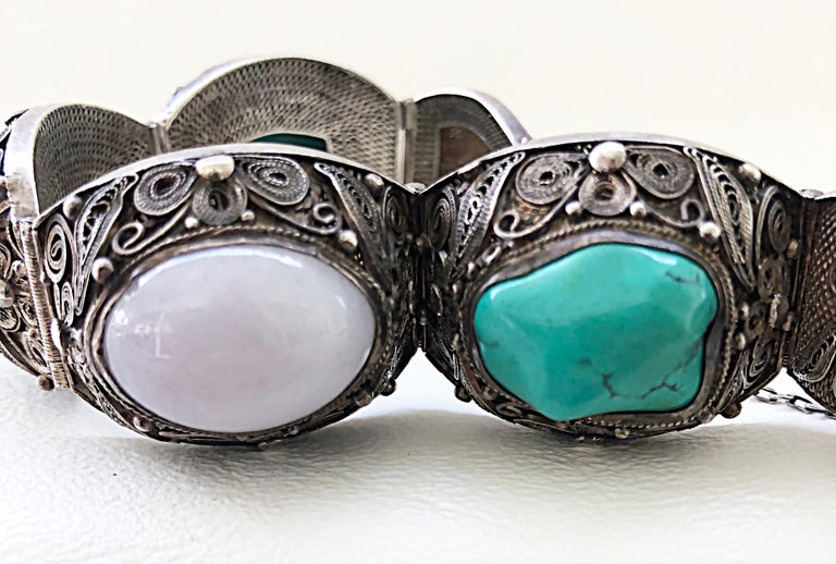 Sterling, Turquoise Stone Filigree 58 Gram Silver Bracelet, Stamped on ...