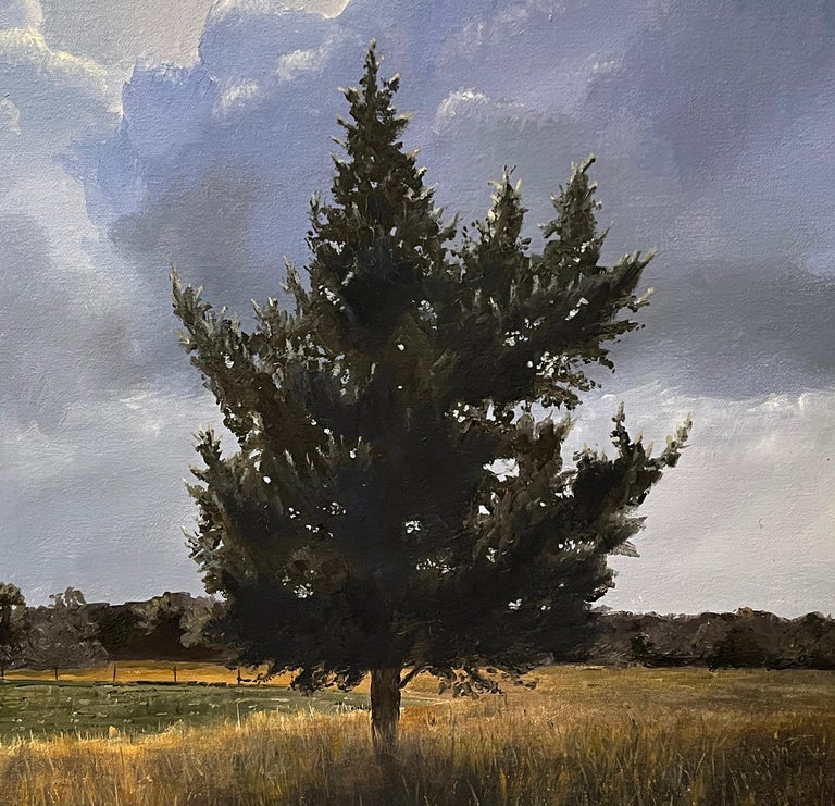 Steve Mills - LANDSCAPE WITH TREE, huge clouds, green, academic realism ...