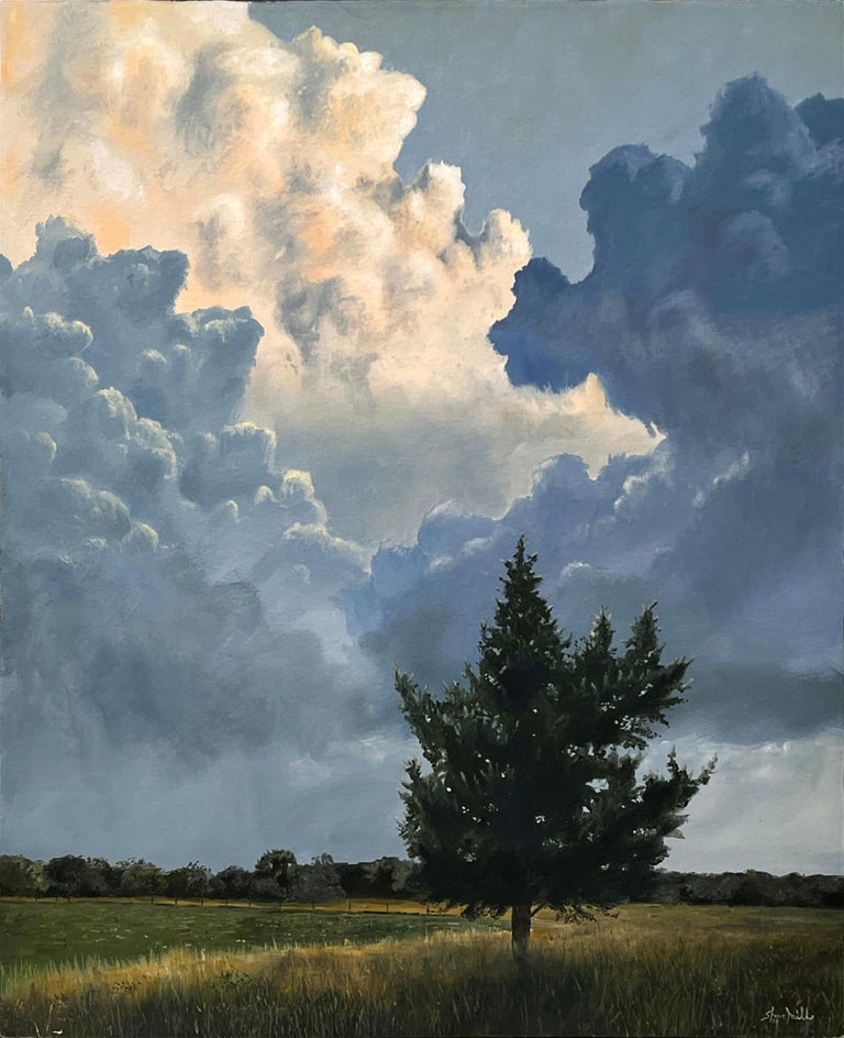 Steve Mills - LANDSCAPE WITH TREE, huge clouds, green, academic realism ...