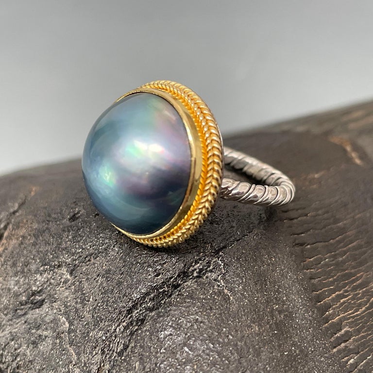 Steven Battelle Black Mabe Pearl 18K Gold Sterling Silver Ring For Sale ...