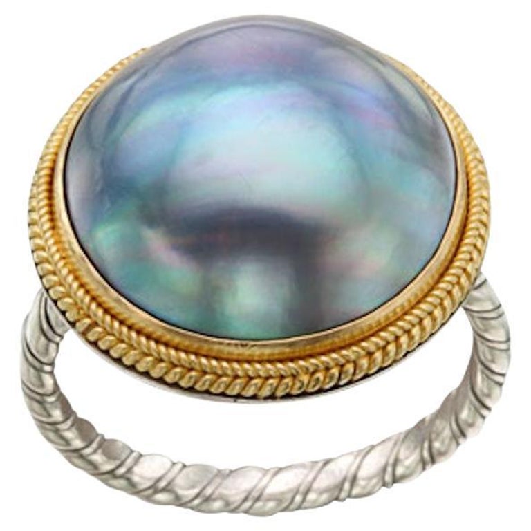 Steven Battelle Black Mabe Pearl 18K Gold Sterling Silver Ring For Sale ...