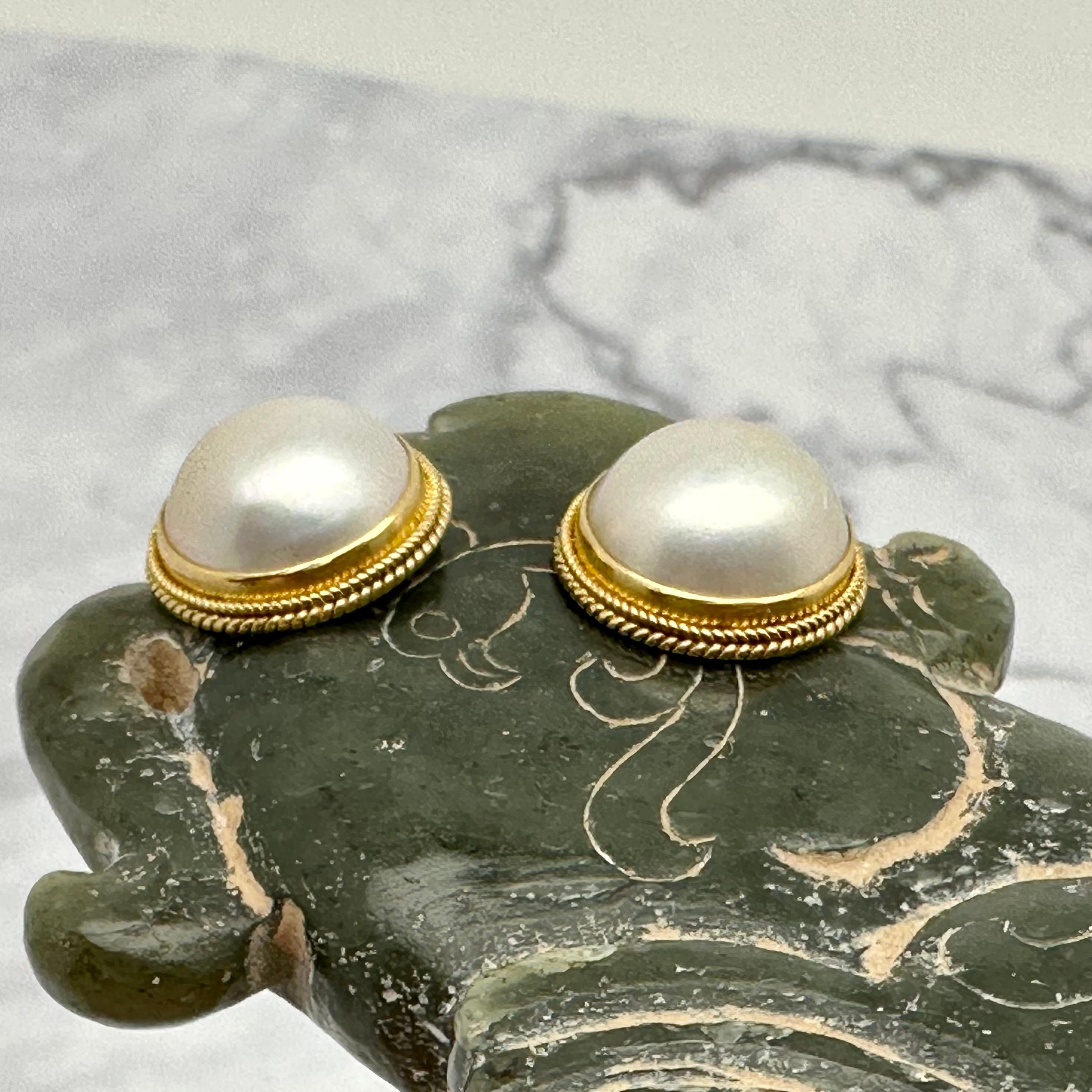 Steven Battelle White Mabe Pearl 18k Gold Post Earrings at 1stDibs