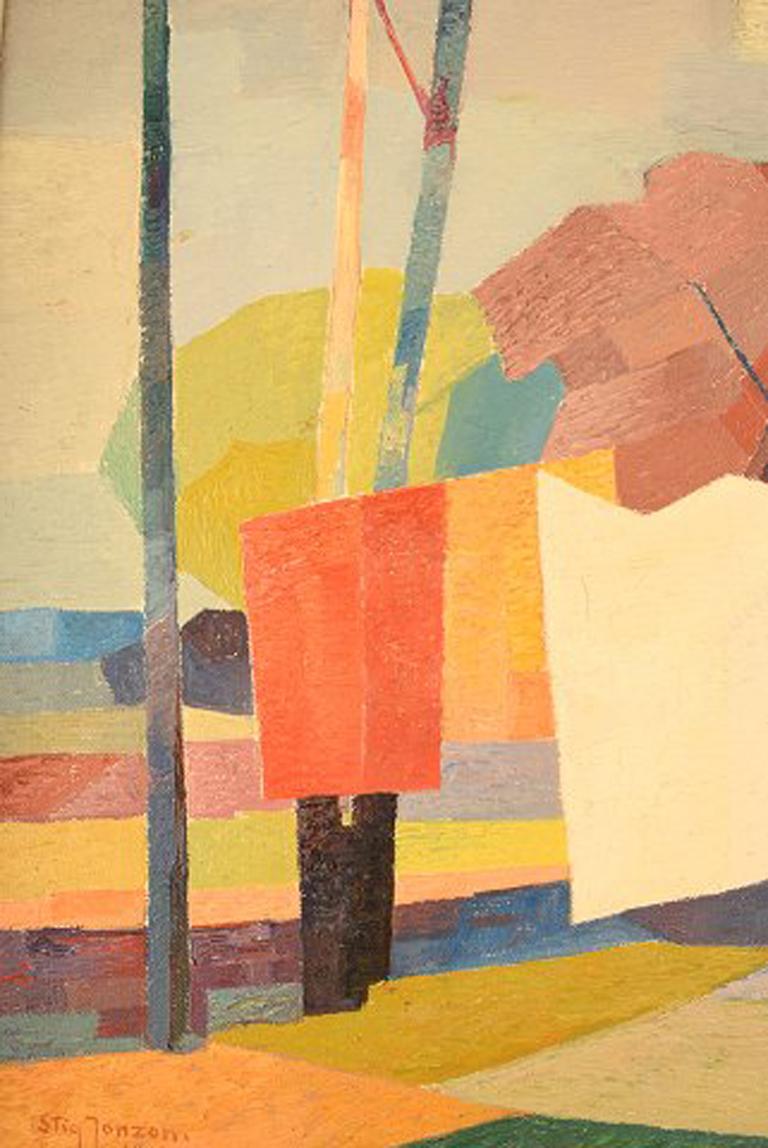 Stig Jonzon, Swedish Artist, Oil on Canvas, Cubist Landscape at 1stDibs
