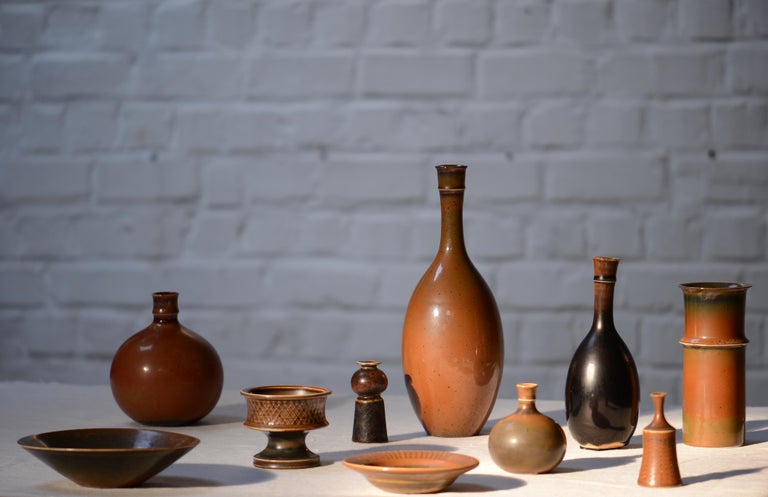 Stig Lindberg Set of 10 Unique Ceramics in Brown Glazed Made by Hand ...