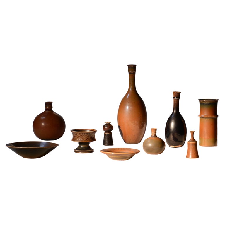 Stig Lindberg Set of 10 Unique Ceramics in Brown Glazed Made by Hand ...