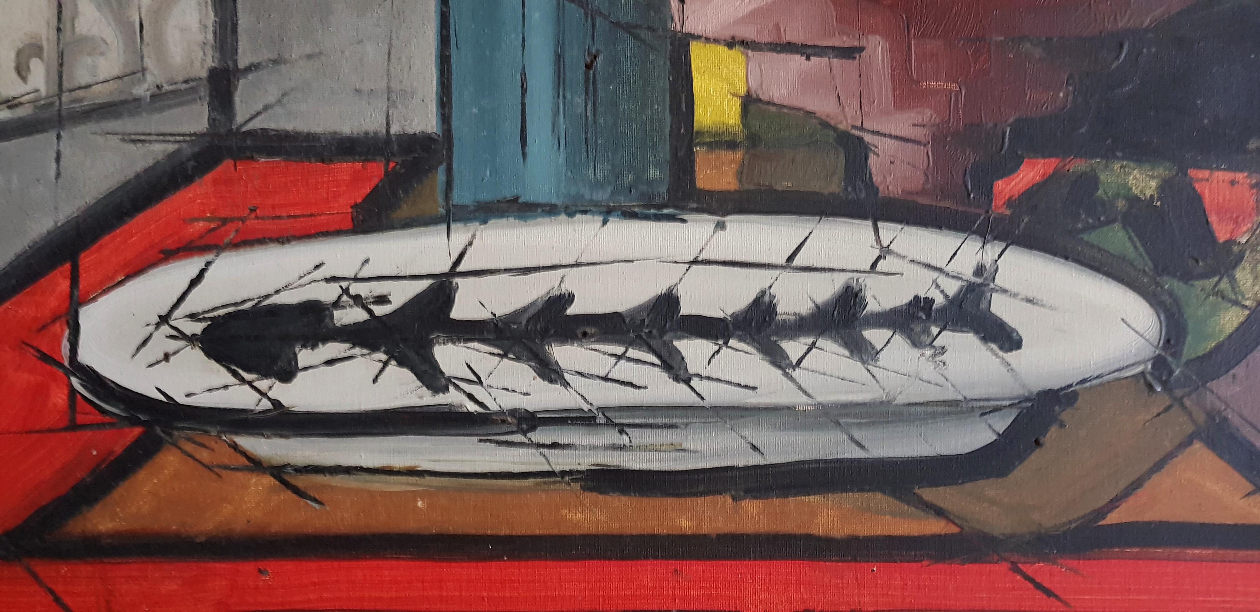 Still Life Dining Table Scene in the Manner of Bernard Buffet at 1stDibs