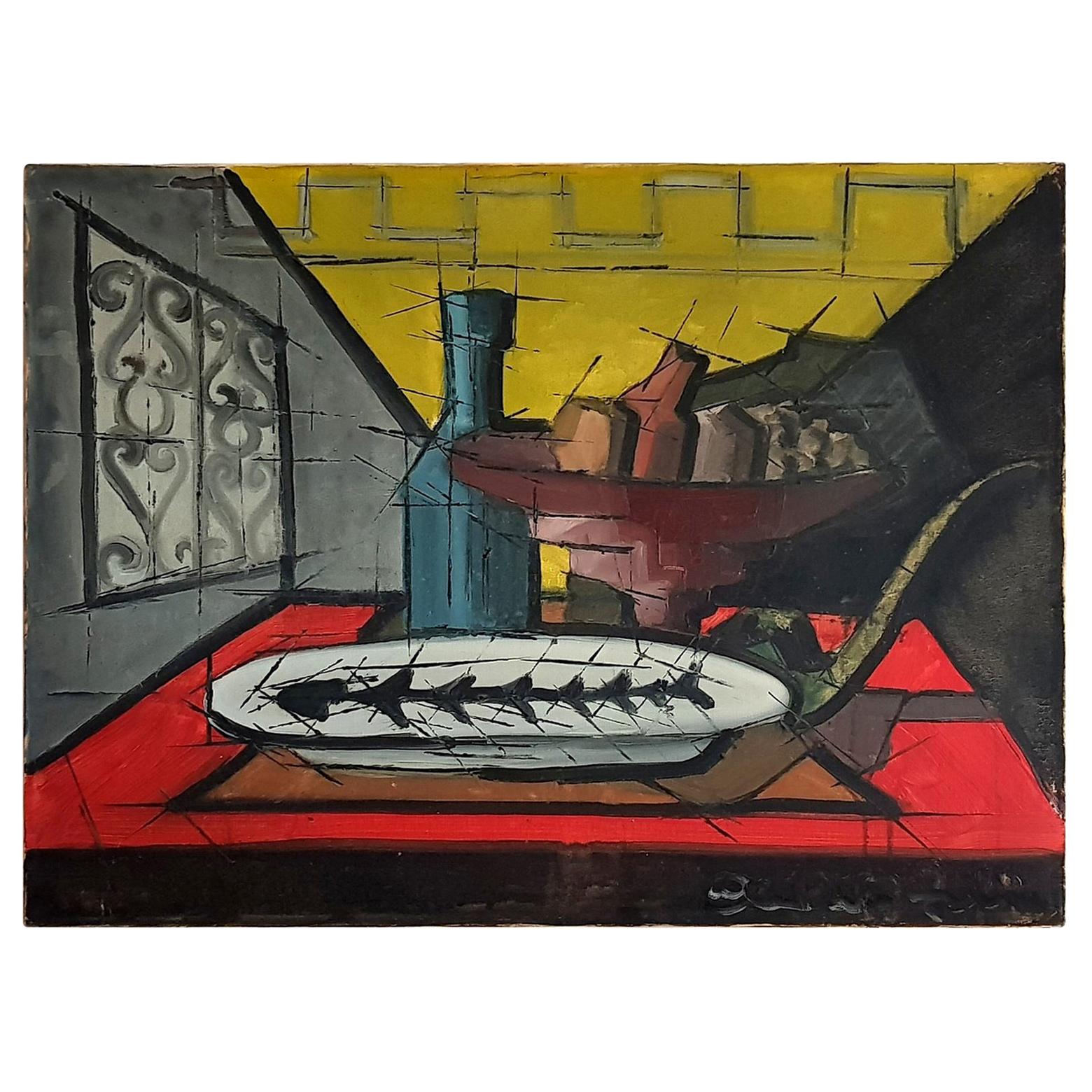 Still Life Dining Table Scene in the Manner of Bernard Buffet at 1stDibs