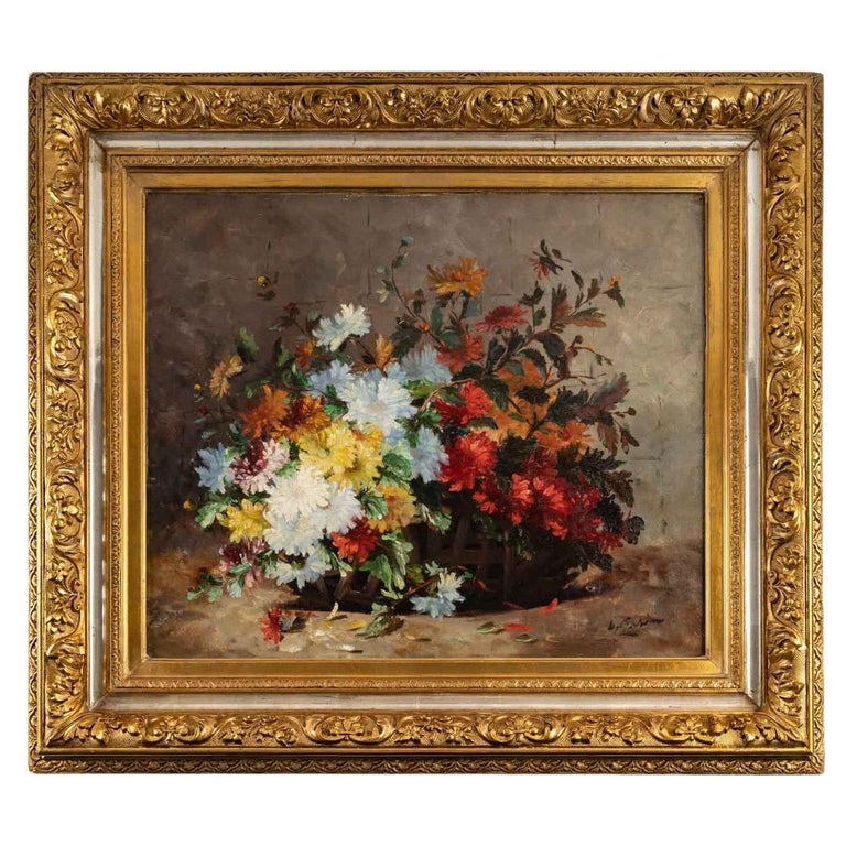 Still Life with Flowers in a Wicker Basket, Signed End of XIXth Century For Sale at 1stDibs