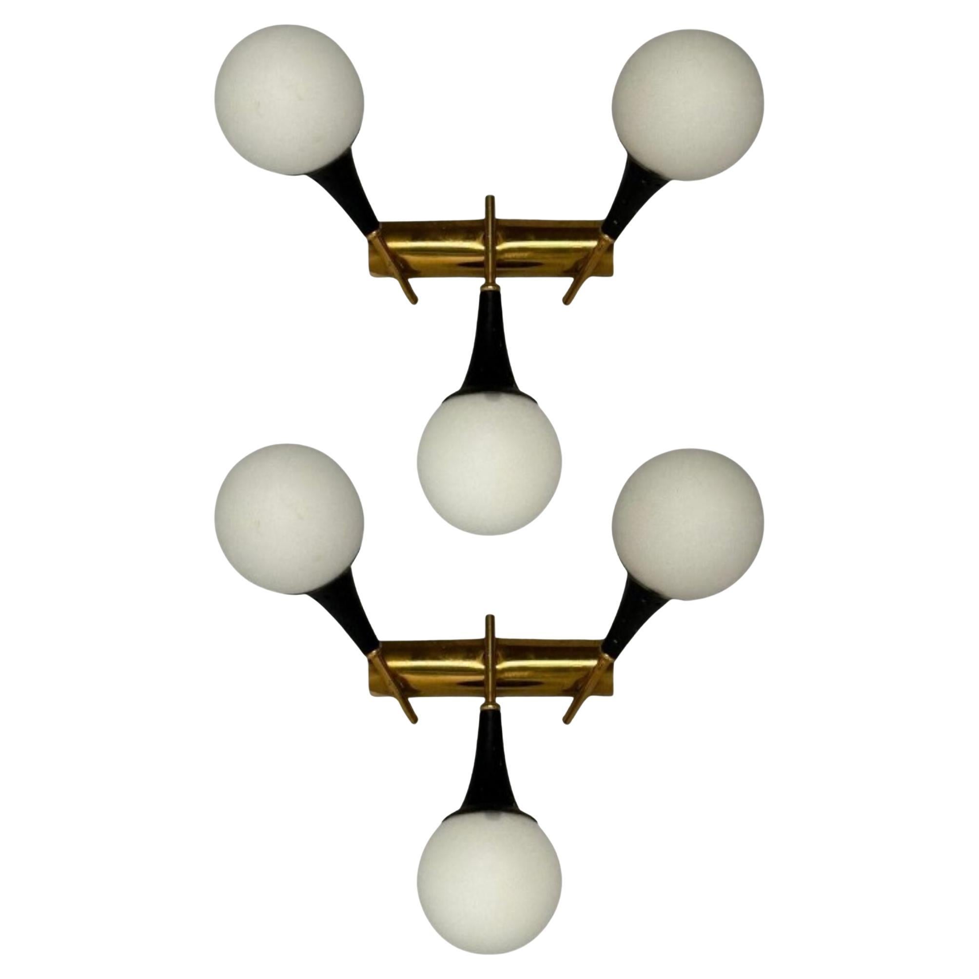 Stilnovo, Italian Mid-Century Modern, Three Light Sconces, Brass, Glass ...