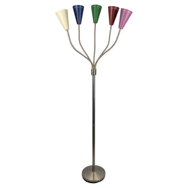 Stilnovo Style Midcentury 5 Arm Floor Lamp with Gooseneck Arms and ...