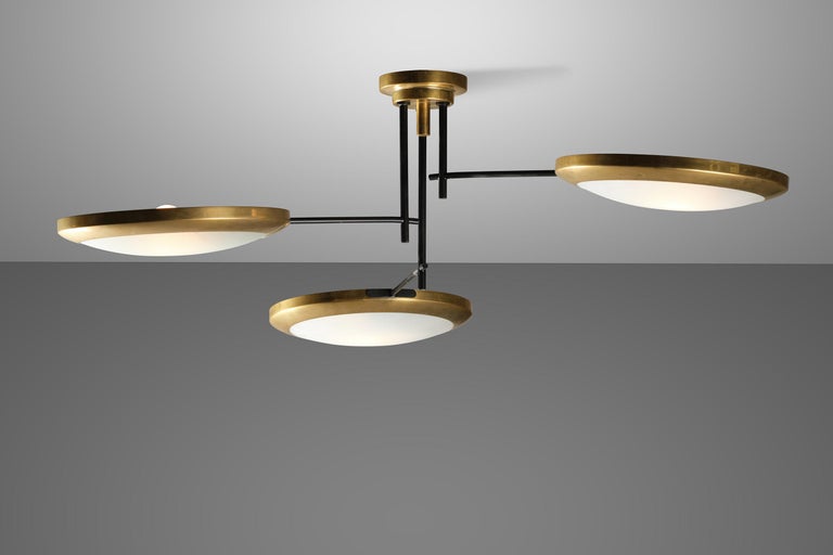 Stilnovo Three Lights Brass and Satinated Glass Chandelier, 1960 circa ...