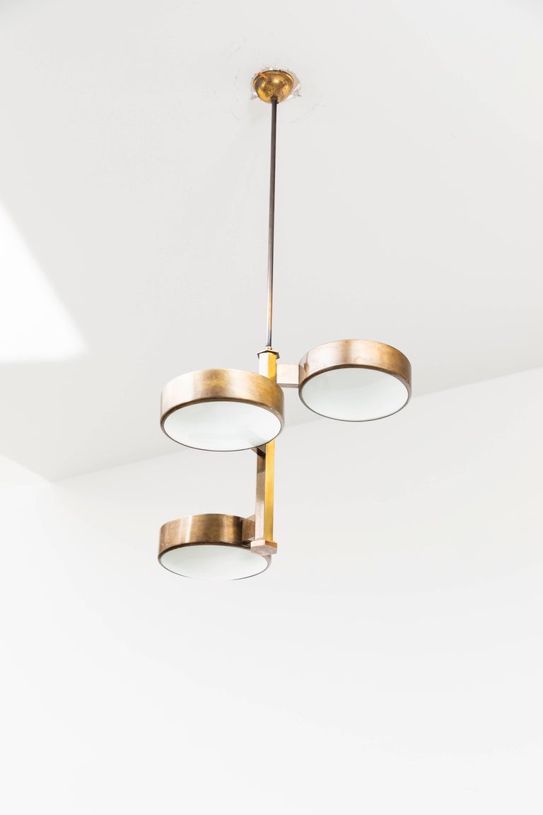 Stilnovo Style Three Lights Brass and Satinated Glass Chandelier, circa ...