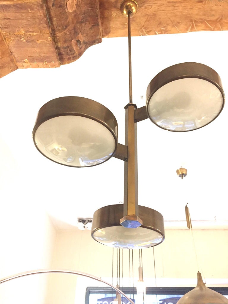 Stilnovo Style Three Lights Brass and Satinated Glass Chandelier, circa ...