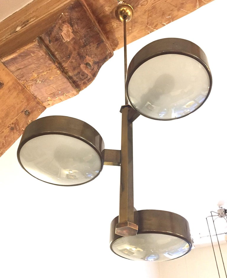 Stilnovo Style Three Lights Brass and Satinated Glass Chandelier, circa ...