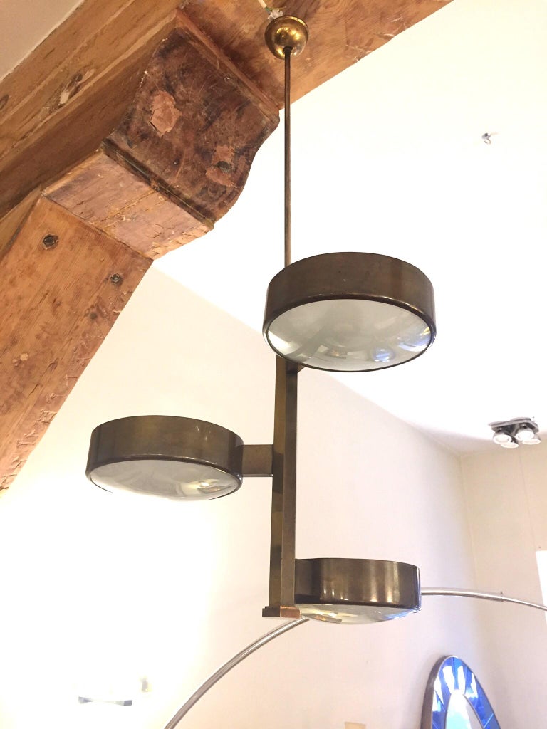 Stilnovo Style Three Lights Brass and Satinated Glass Chandelier, circa ...