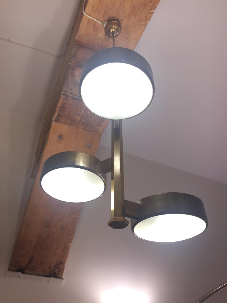 Stilnovo Style Three Lights Brass and Satinated Glass Chandelier, circa ...