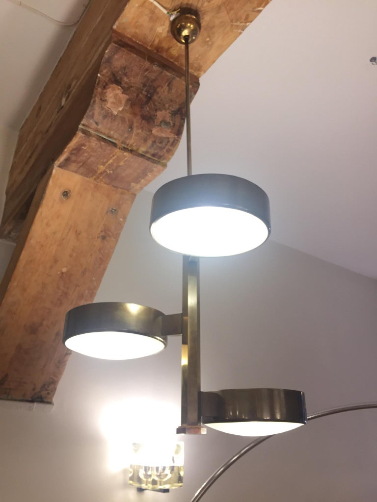 Stilnovo Style Three Lights Brass and Satinated Glass Chandelier, circa ...