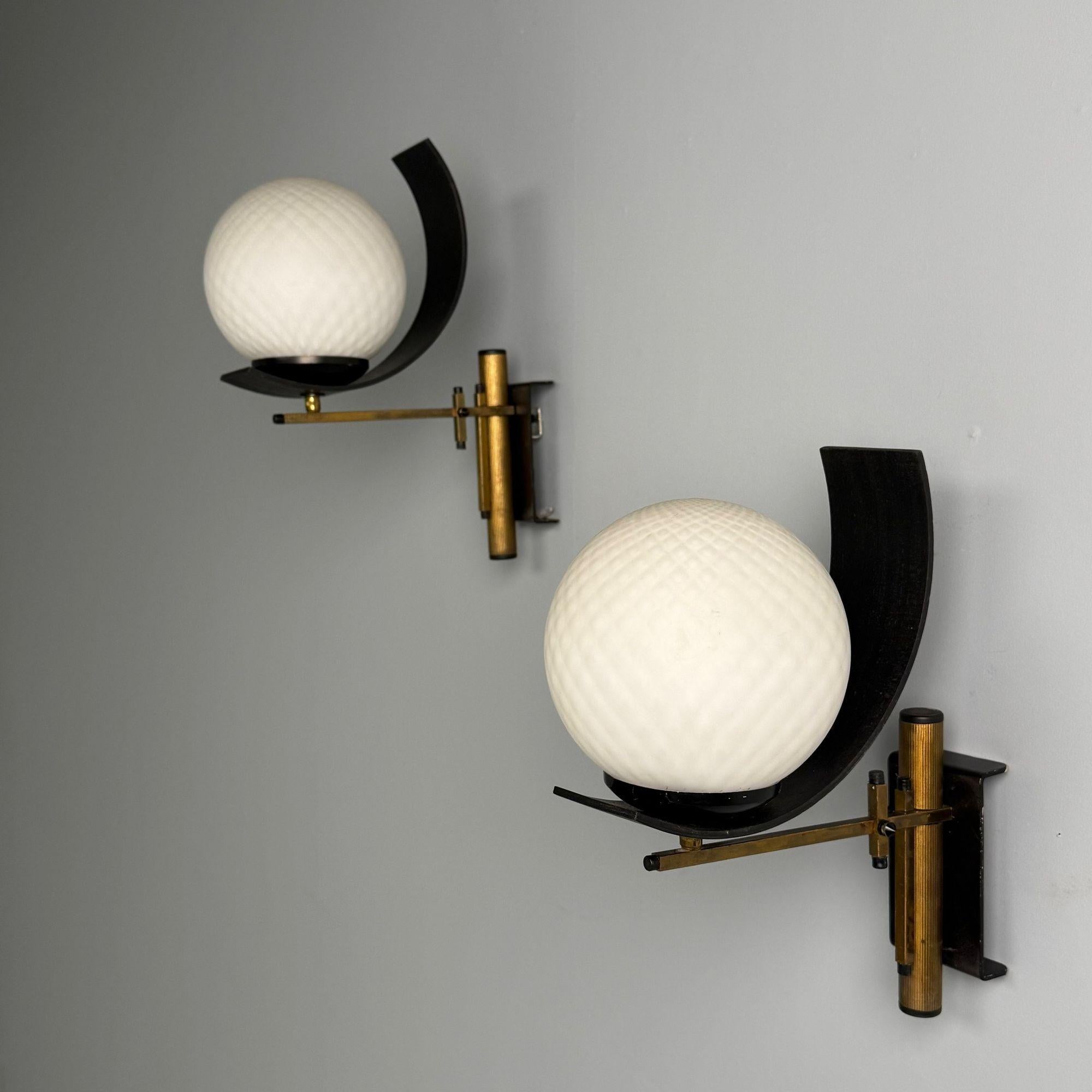 Stilux Attr., Italian Mid-Century Modern, Dome Wall Sconces, Brass, Iron, Glass For Sale at 1stDibs