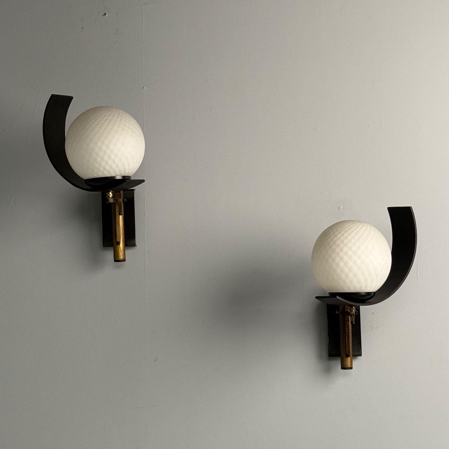 Stilux Attr., Italian Mid-Century Modern, Dome Wall Sconces, Brass, Iron, Glass For Sale at 1stDibs