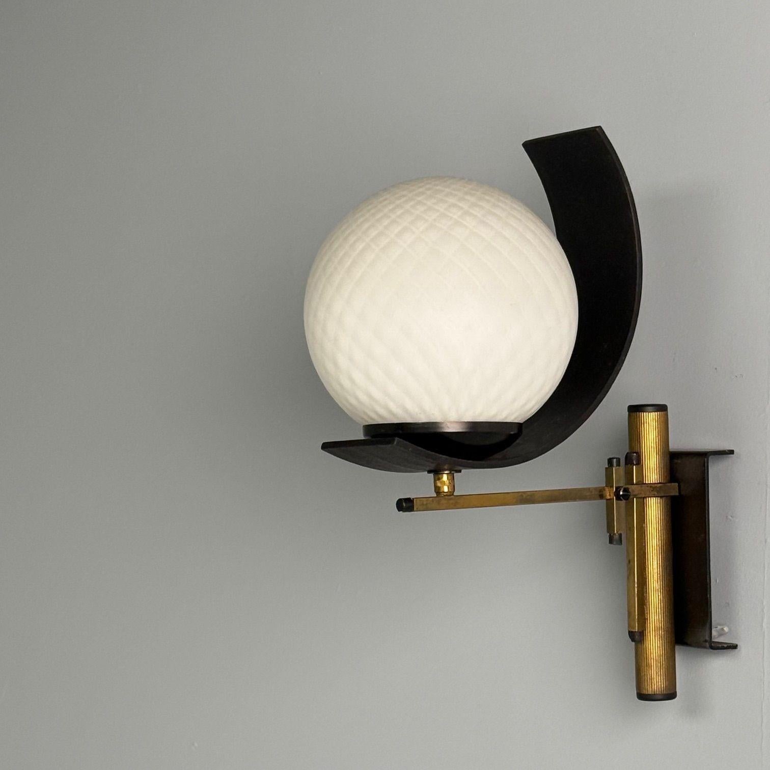 Stilux Attr., Italian Mid-Century Modern, Dome Wall Sconces, Brass, Iron, Glass For Sale at 1stDibs