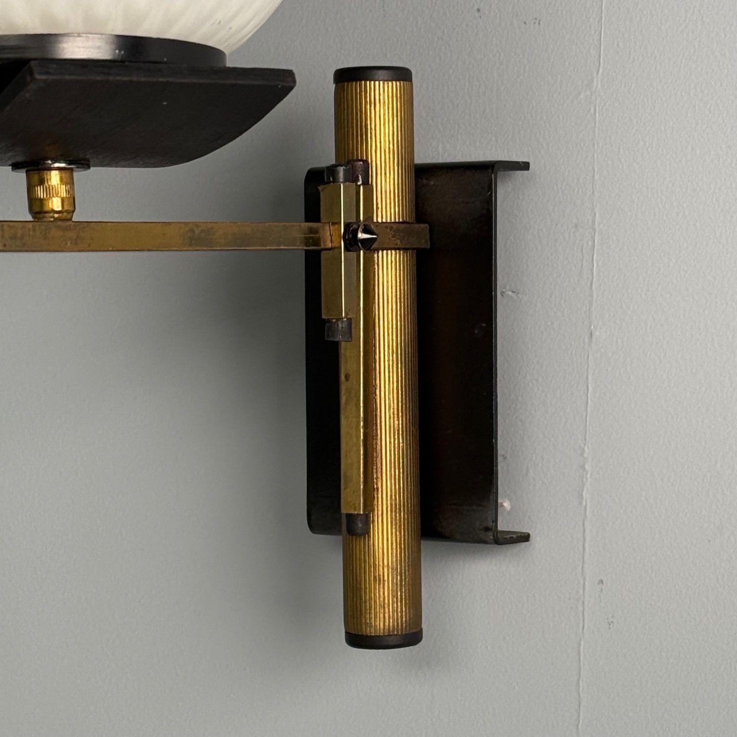 Stilux Attr., Italian Mid-Century Modern, Dome Wall Sconces, Brass, Iron, Glass For Sale at 1stDibs
